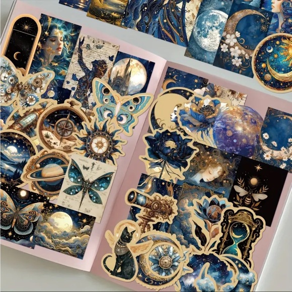 Office | Set Of 5 Cosmic Vortex Stickers Moon Stars Night Sky Cat ...